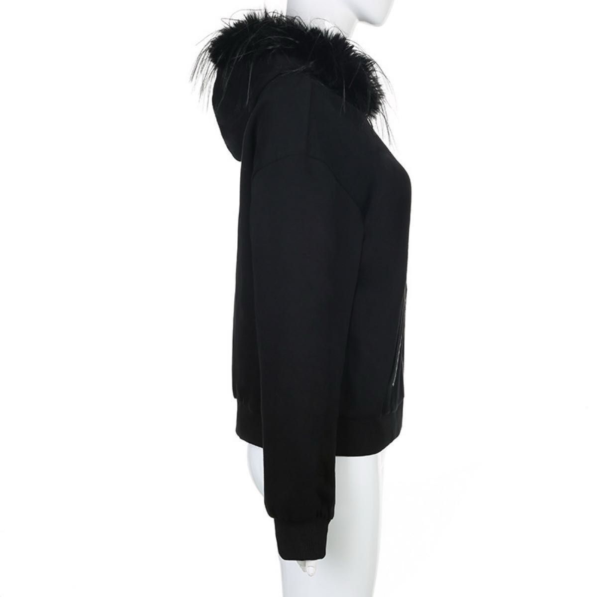 短丈 y2k fur zip hoodie ファー付き ジップパーカー ブラック 短丈 y2k fur zip hoodie ファー付き ジップパーカー ブラック