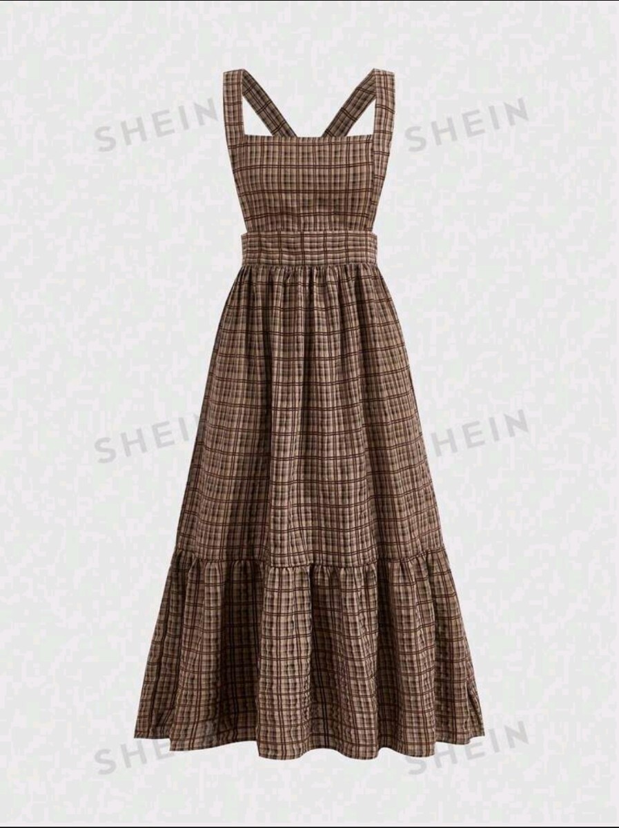 Yahoo!オークション - 新品 SHEINチェック柄エプロンワンピース Lサイ...