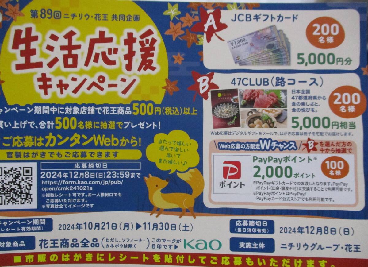 懸賞 応募 ニチリウ 花王 JCBギフトカード 5000円分 デジタルカタログ PayPayポイント 2000ポイント 当たる レシート リーフレット(食品のパッケージ)｜売買された ...