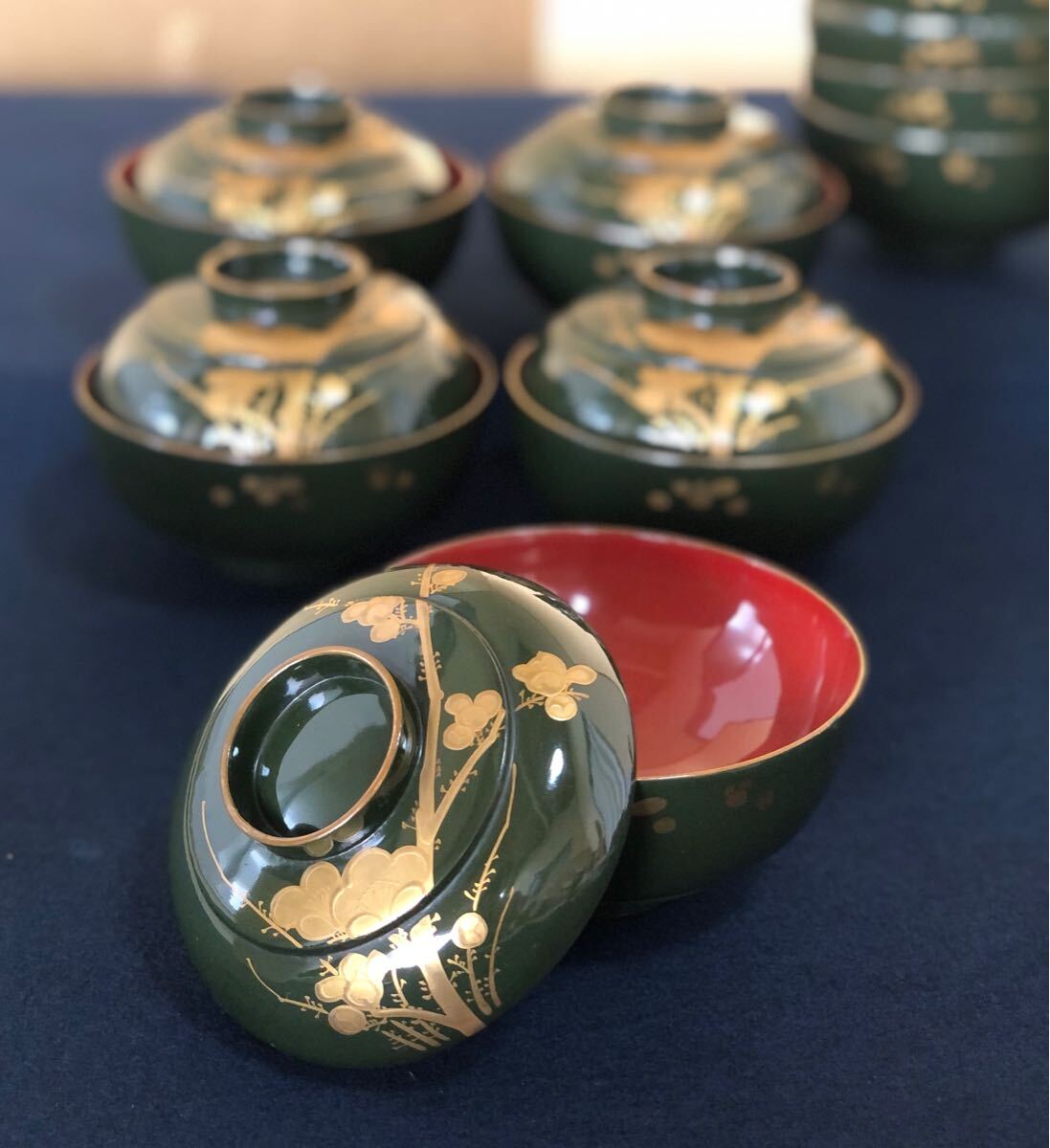 Yahoo!オークション - 《R》青内朱 梅蒔絵 吸物椀5客 木製漆器 241219...