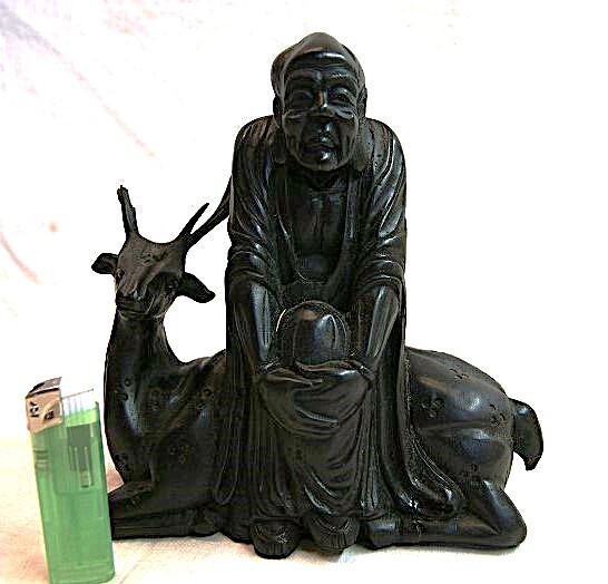 Yahoo!オークション - A121 硬い木彫り黒色黒檀彫刻 鹿の背中に乘った...