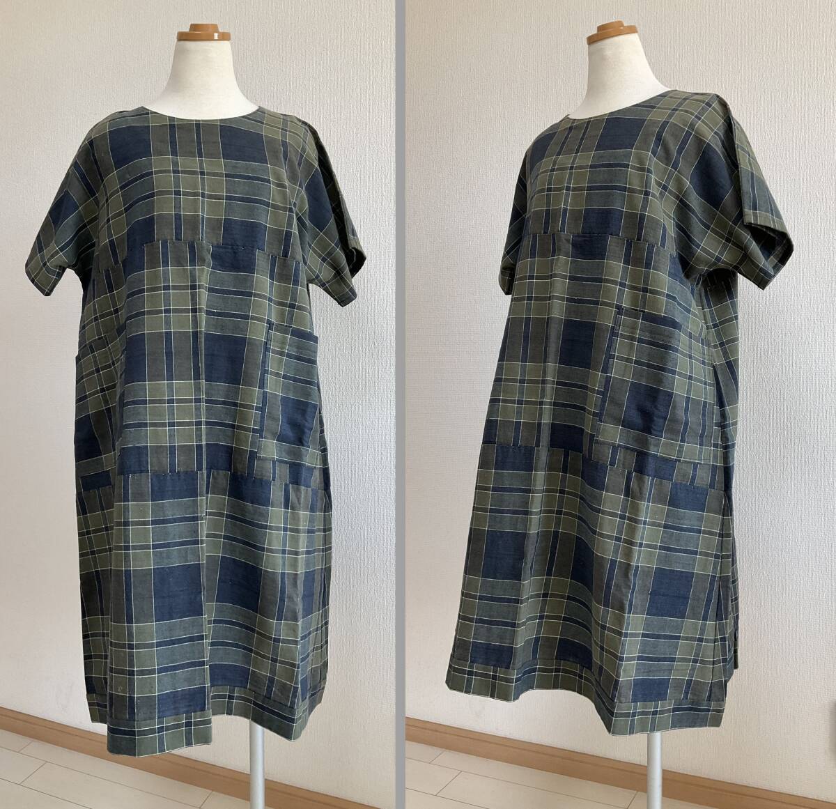 Yahoo!オークション - H045 着物リメイク 古布・木綿 革色(緑色系) 格...