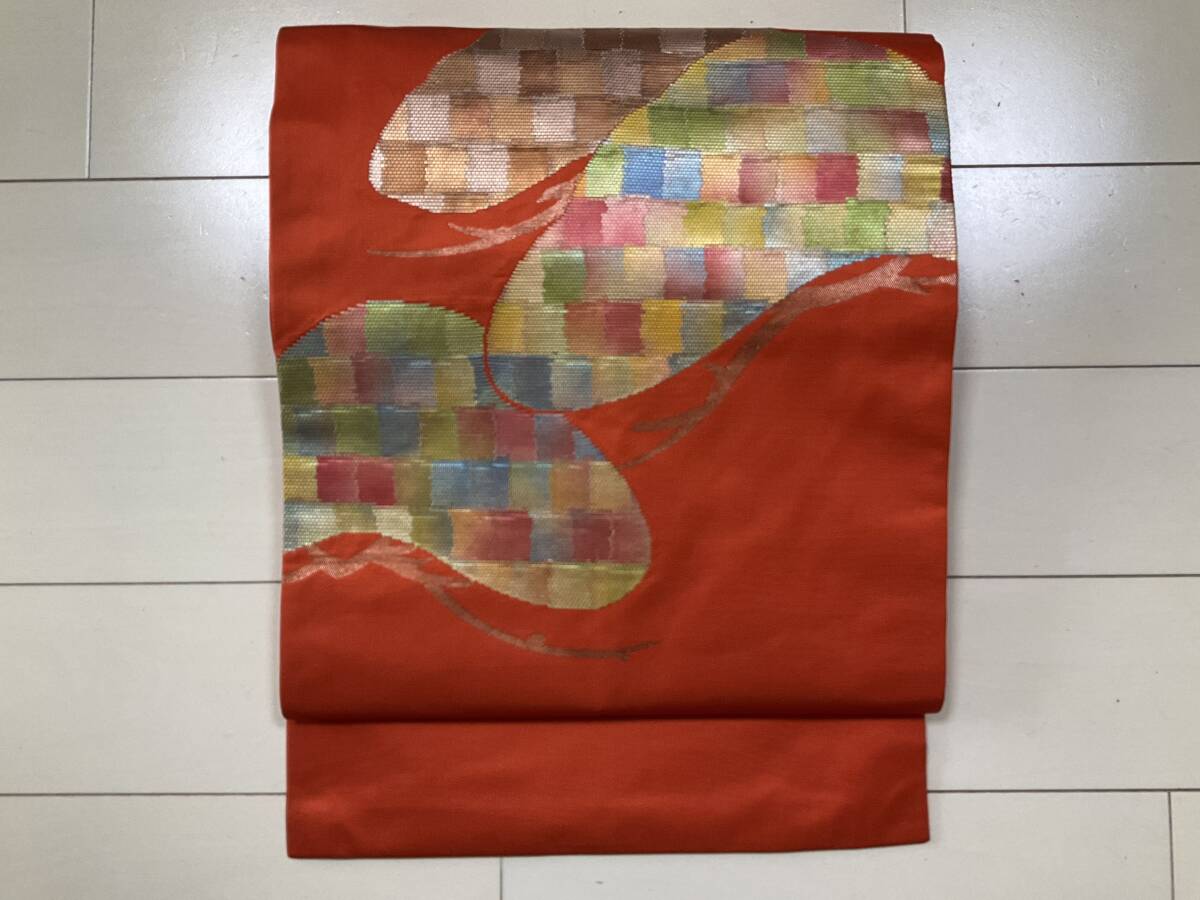 Yahoo!オークション - C590 中古美品 正絹 朱色 モザイク 笠松柄 塩瀬...