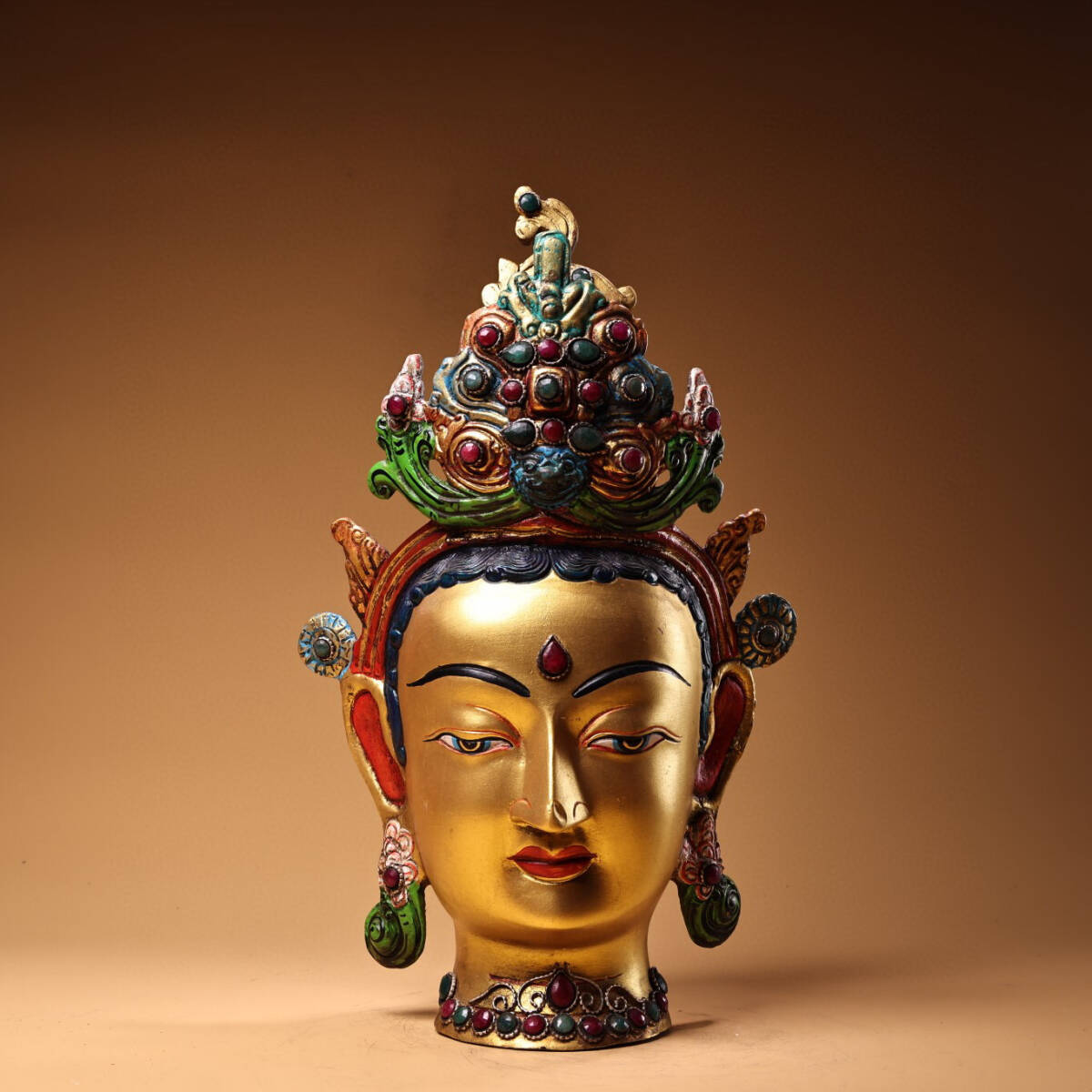 Yahoo!オークション - 【超珍館蔵】銅製 寶石嵌 描金 彩繪 度母頭像 置...