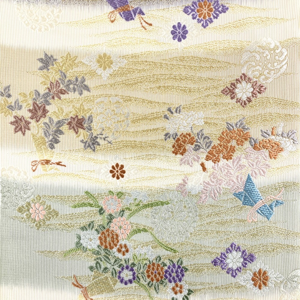 Yahoo!オークション - 袋帯 熨斗花束小紋 横縞 刺繍 金糸 六通 帯丈448...
