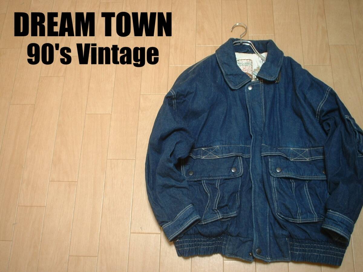 90sビンテージDREAM TOWN中綿入りデニムフライトジャケットM正規ドリームタウンインディゴパフブルゾンMA-1CWU-45PN-2BB-15DG-1A-2N-1A-1B3(Mサイズ ...
