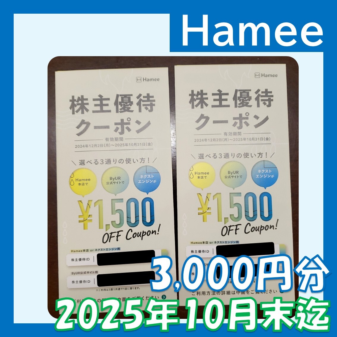 Yahoo!オークション - Hamee 株主優待クーポン 3 000円分 ByUR ネクス...