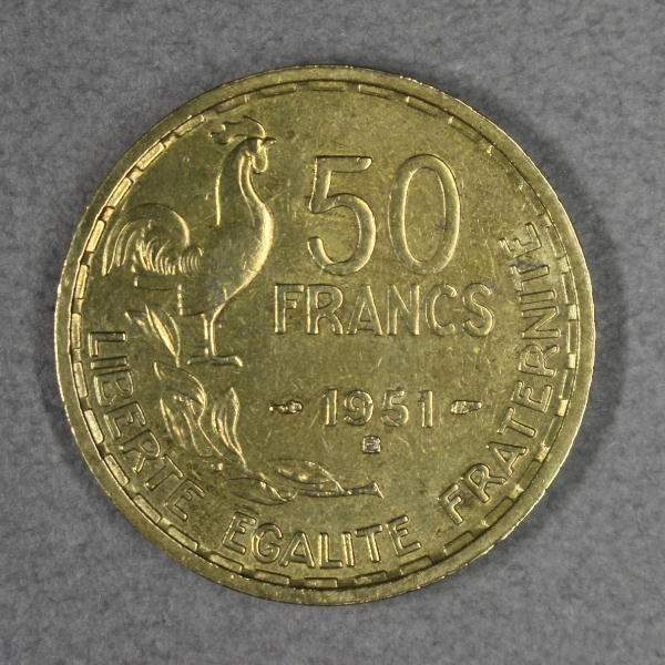 Yahoo!オークション - フランス 1951年 50フラン硬貨 雄鳥 月桂樹 A194...
