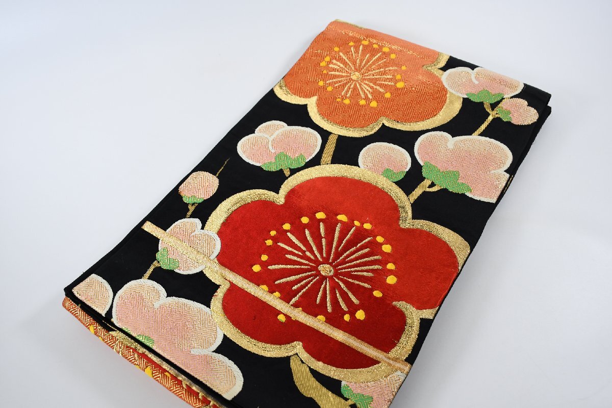 Yahoo!オークション - 袋名古屋帯 六通柄 梅 黒 花 帯丈406cm 着物屋 n...