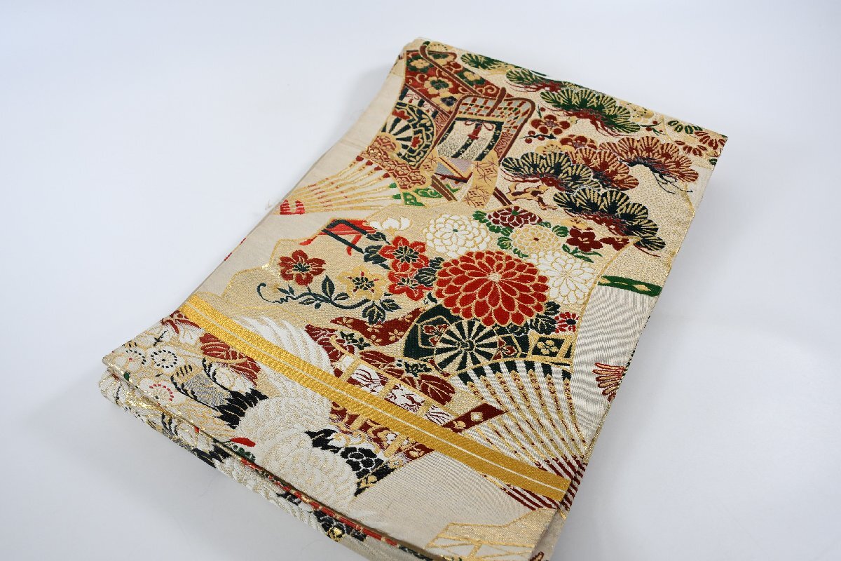 Yahoo!オークション - 袋名古屋帯 アンティーク 扇子 菊 御所車 帯丈37...