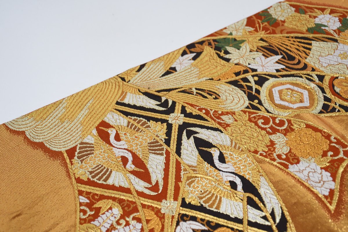 Yahoo!オークション - 袋帯 のし向鶴文 金糸 六通柄 花 帯丈422cm 着物...