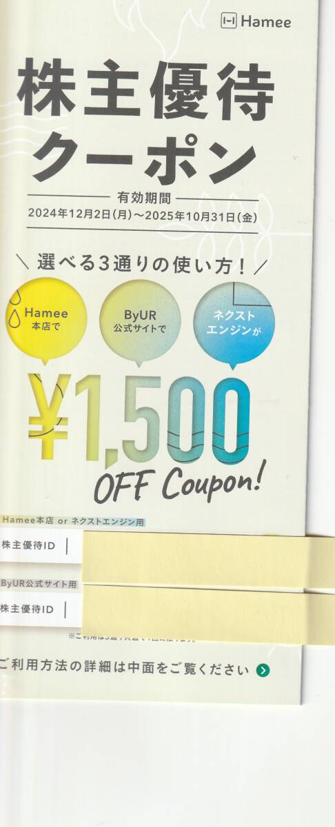 Yahoo!オークション - 【NEW】最新 Hamee 株主優待クーポン 1 500円 有...