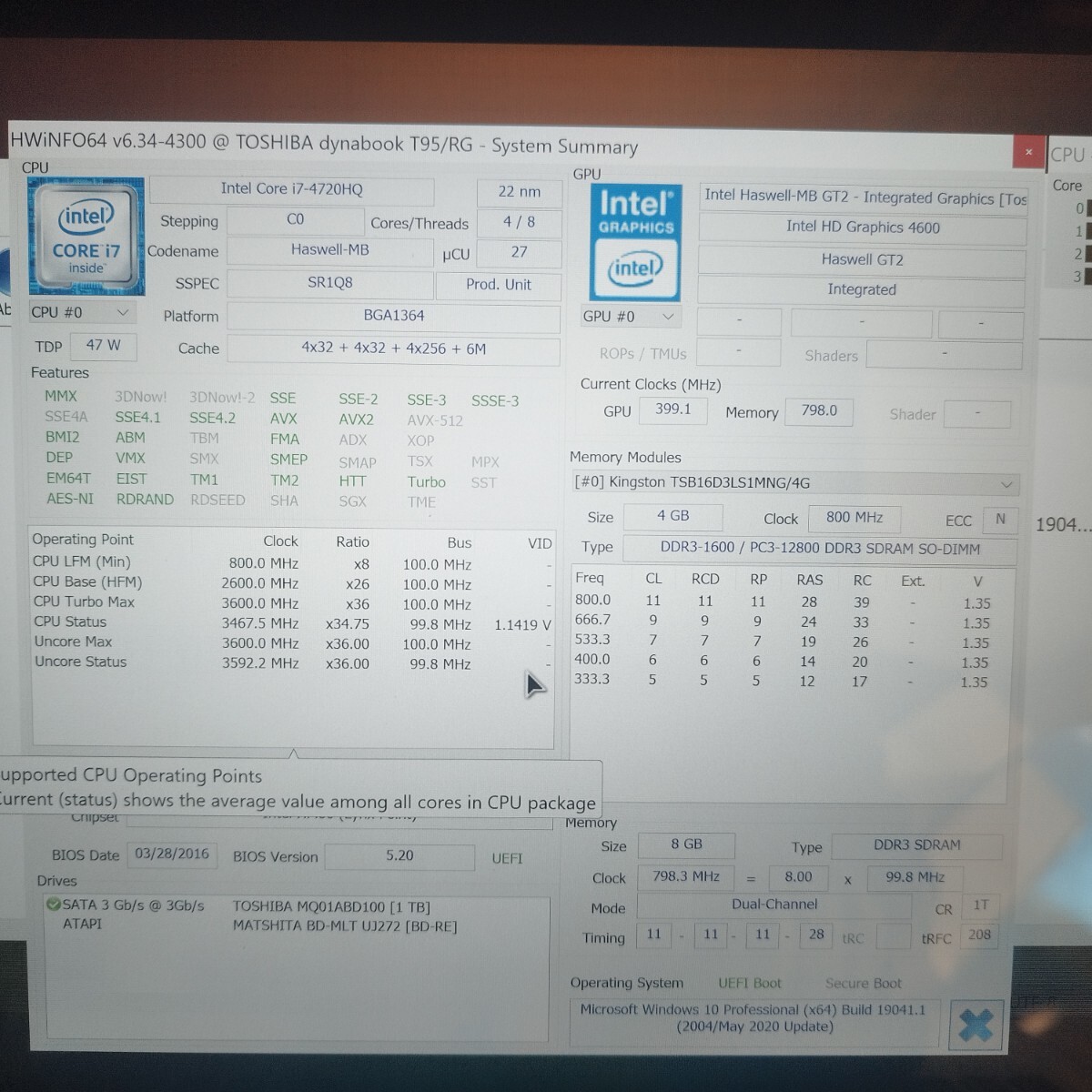 Yahoo!オークション - 341112r 東芝 ノートPC T95/RG Core i7-4720HU/...