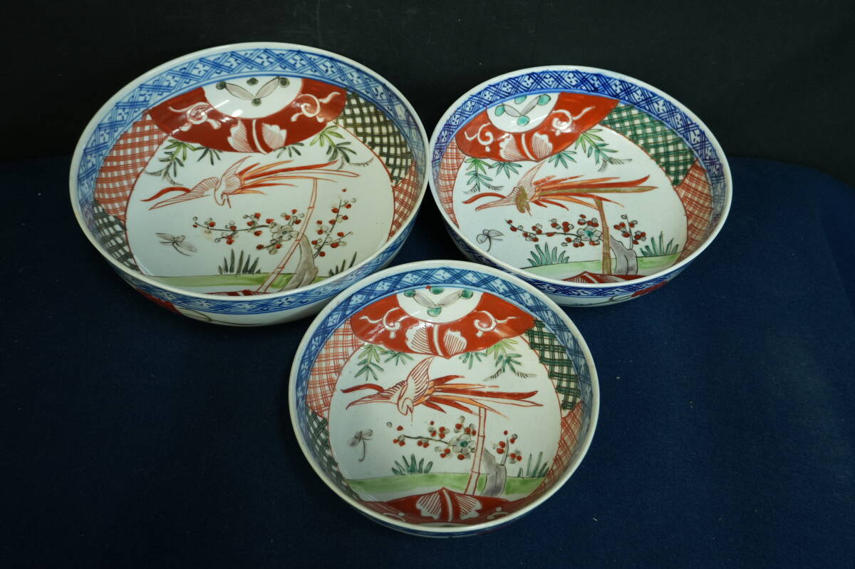 Yahoo!オークション - T1557 古伊万里 色絵鶴松竹梅文三つ組鉢
