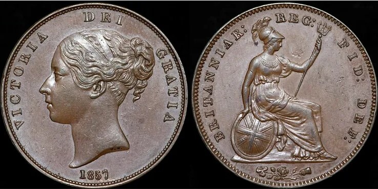 Yahoo!オークション - 1円スタート ・1857 イギリス 1ペニー青銅貨 ビ...