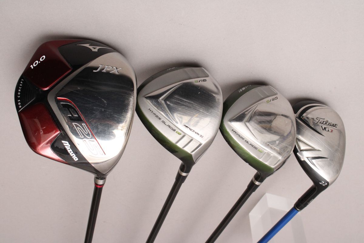 ドライバー&フェアウェイウッド＆ユーティリティ 4本セット 1W/3W/5W/UT Mizuno JPX/WORKS/Titleist VG3 S Tour AD ゴルフ ＃180 G308 ...